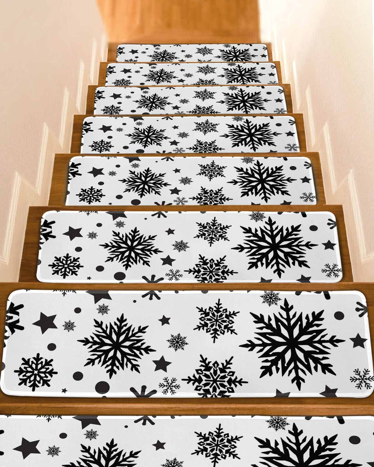 Christmas Snowflake Stair Treads for Wooden Steps Indoor Runner Rug Carpet, Winter Xmas Simple ...
