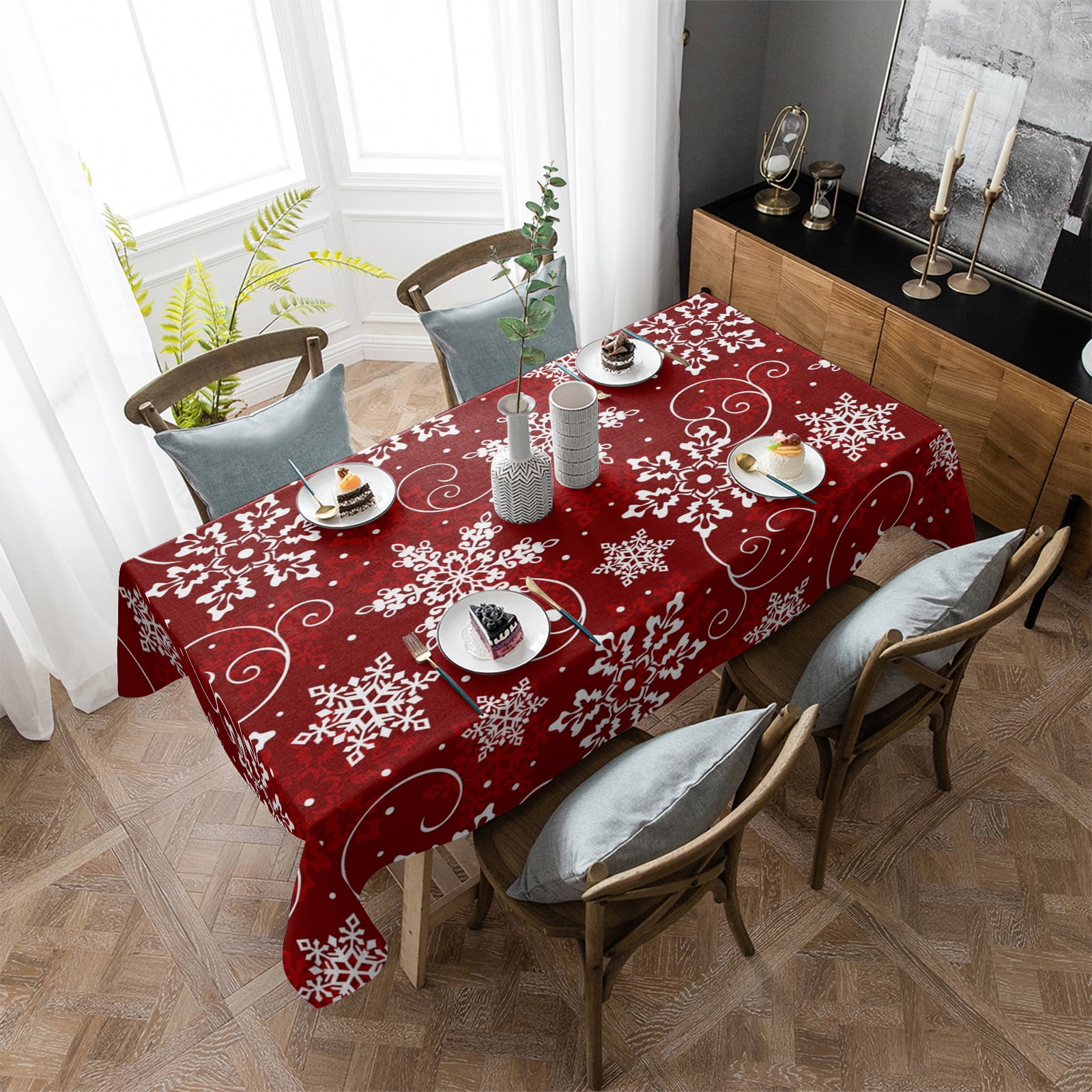 Christmas Snowflake Texture Red Tablecloth Christmas Dining Table Decor ...