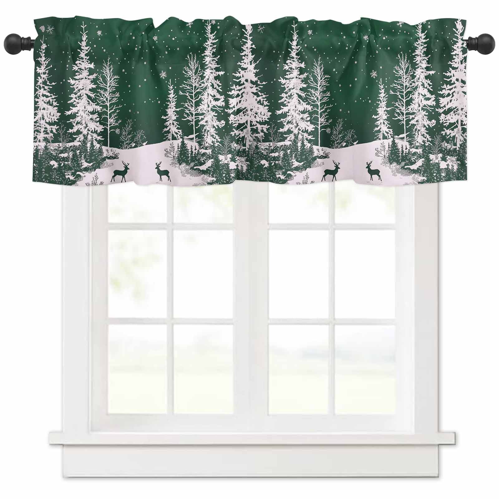 Christmas Snowflake Valances for Windows, Elk Pine Trees Winter Deep ...
