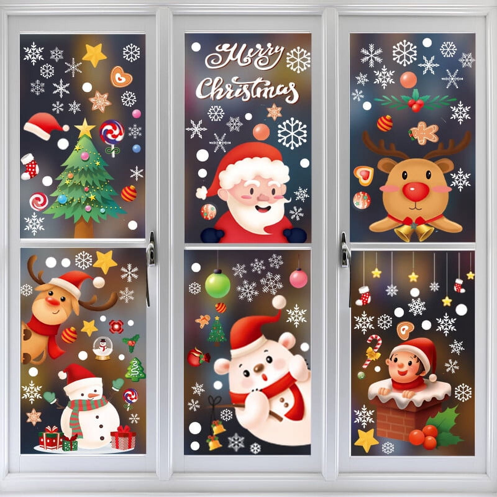 Merry Christmas Snowflake Window Clings, Xmas Santa Claus Reindeer ...