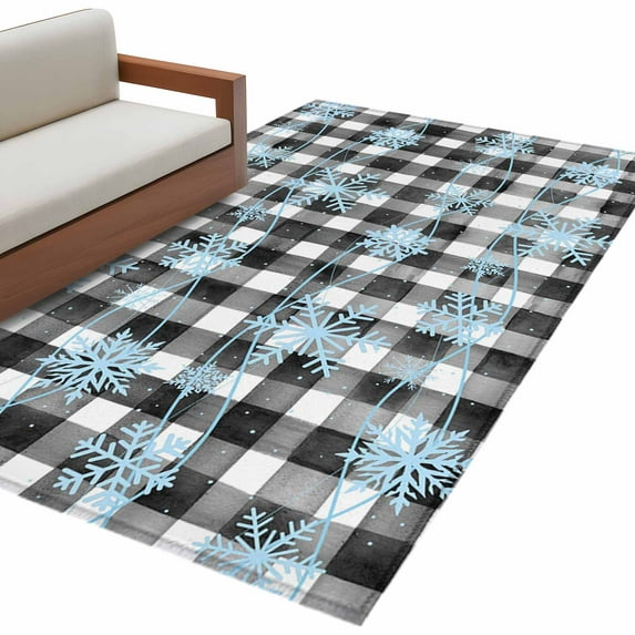 Christmas Snowflakes Area Rug 3x5ft Winter Blue Waves Black White Check ...