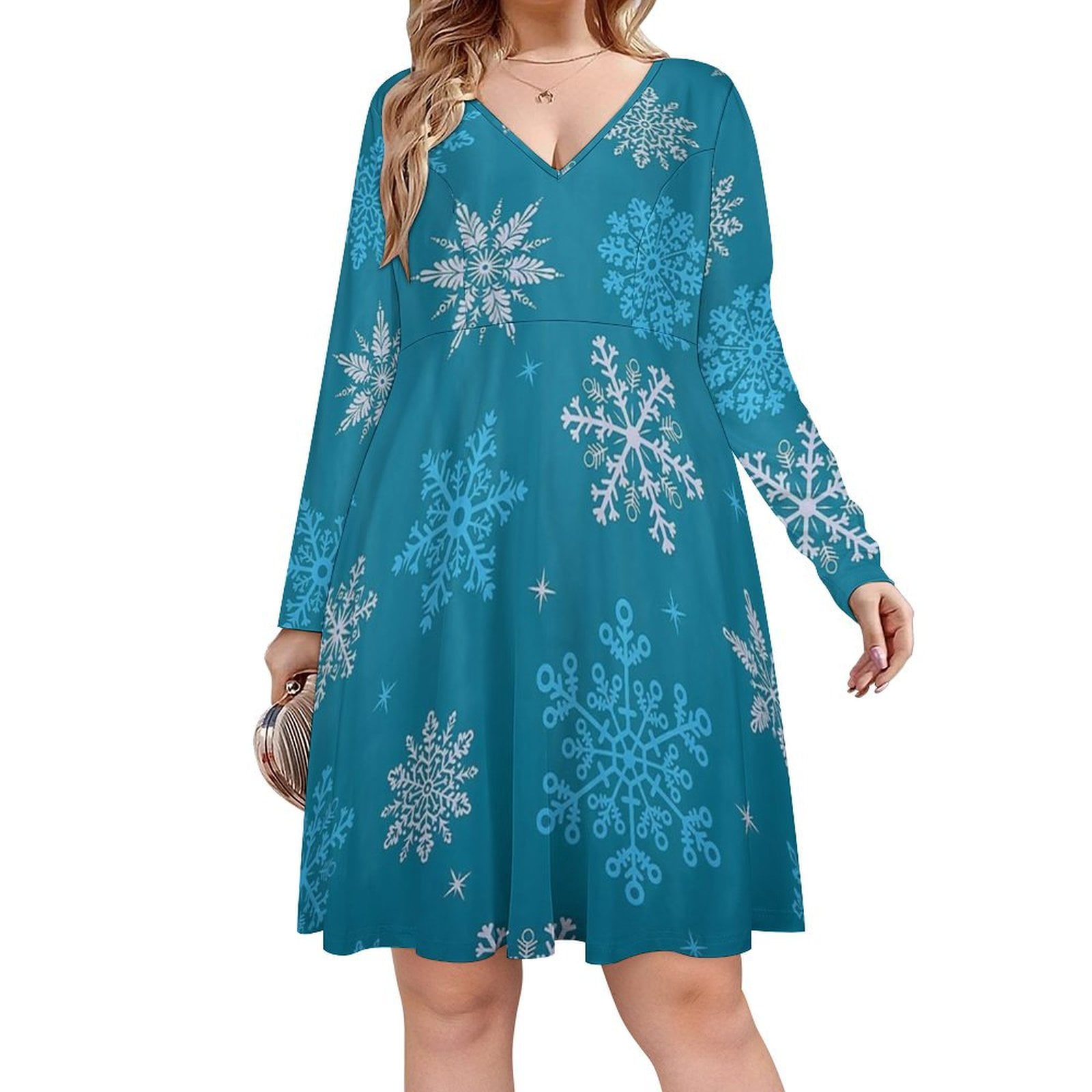 Christmas Snowflakes Blue Long Sleeve Dresses For Women Vintage Elegant ...