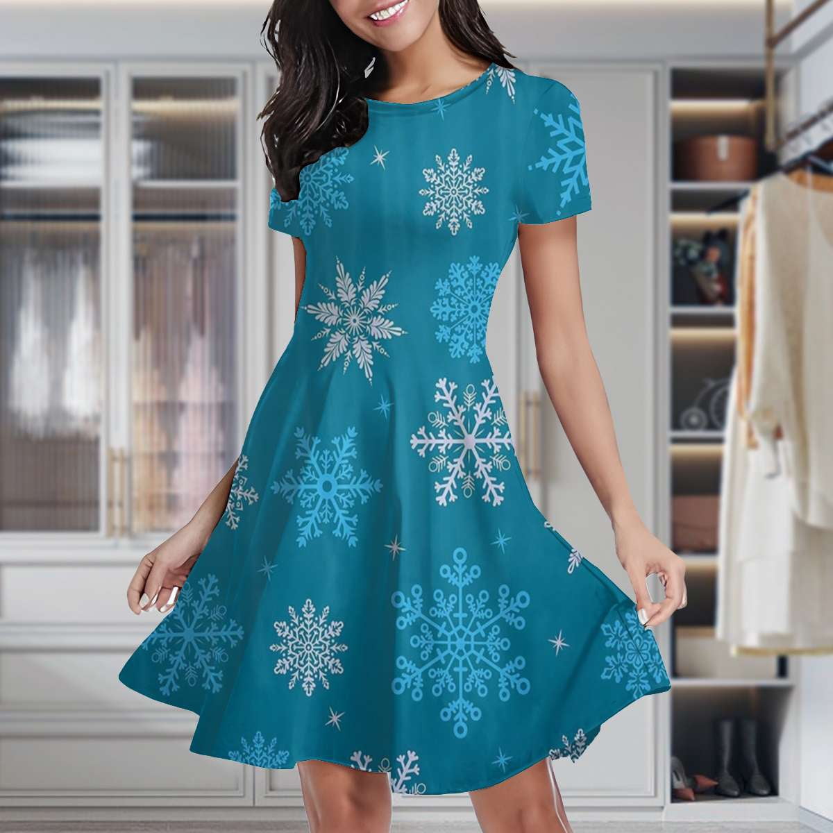Christmas Snowflakes Blue Women's Classic Swing Skater Dress Casual ...