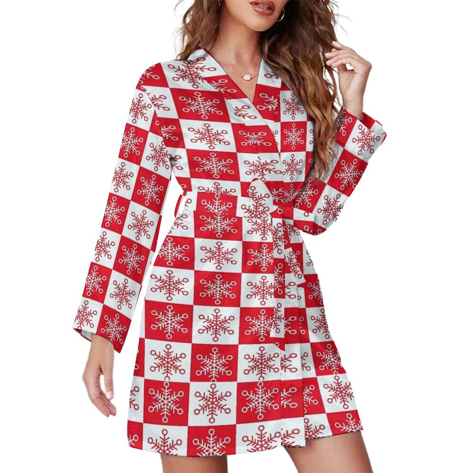 Christmas Snowflakes - Christmas Checker Snow Night Robe Long Sleeve V ...