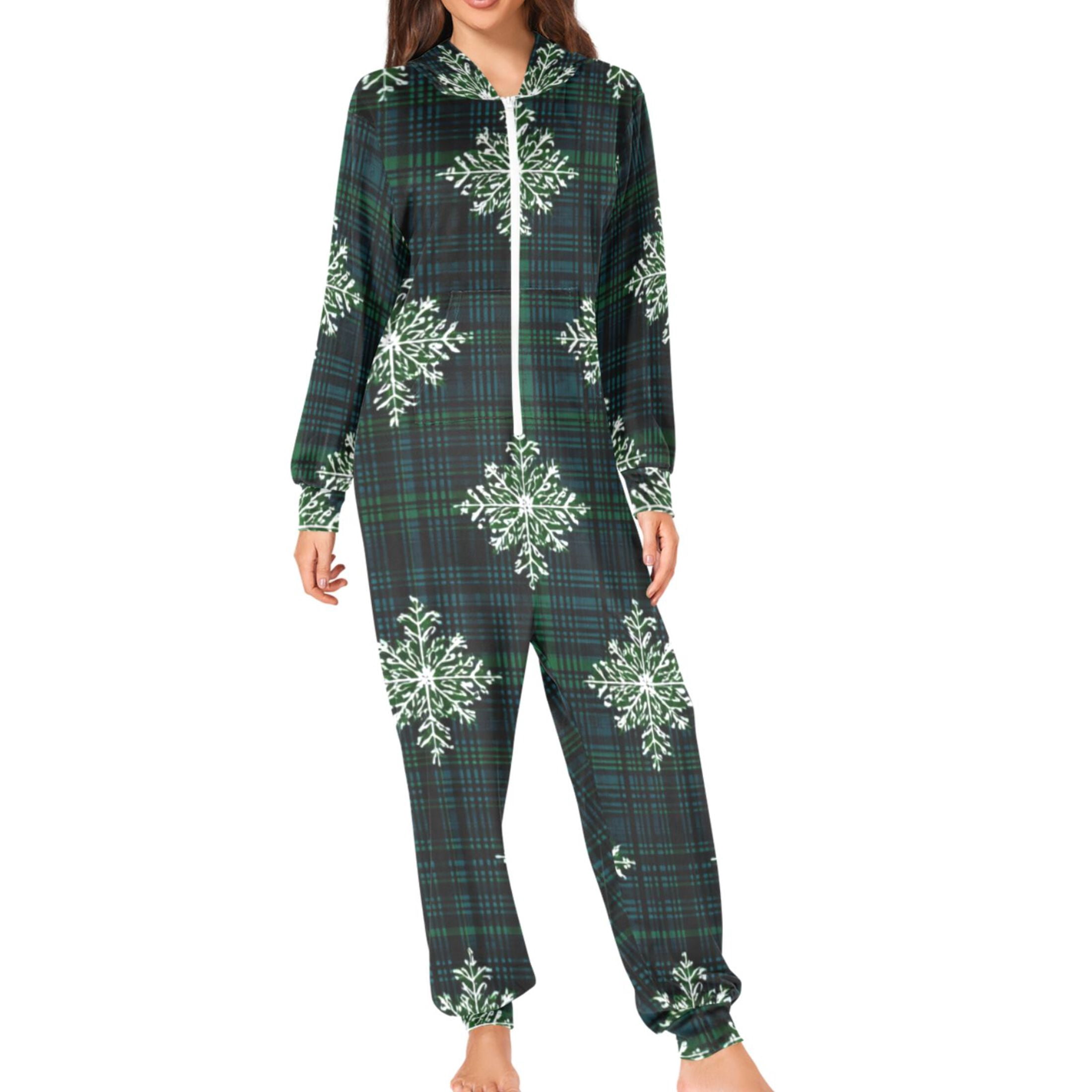Christmas Snowflakes Dark Green Tartan Plaid Adult's Hoodie Onesie ...