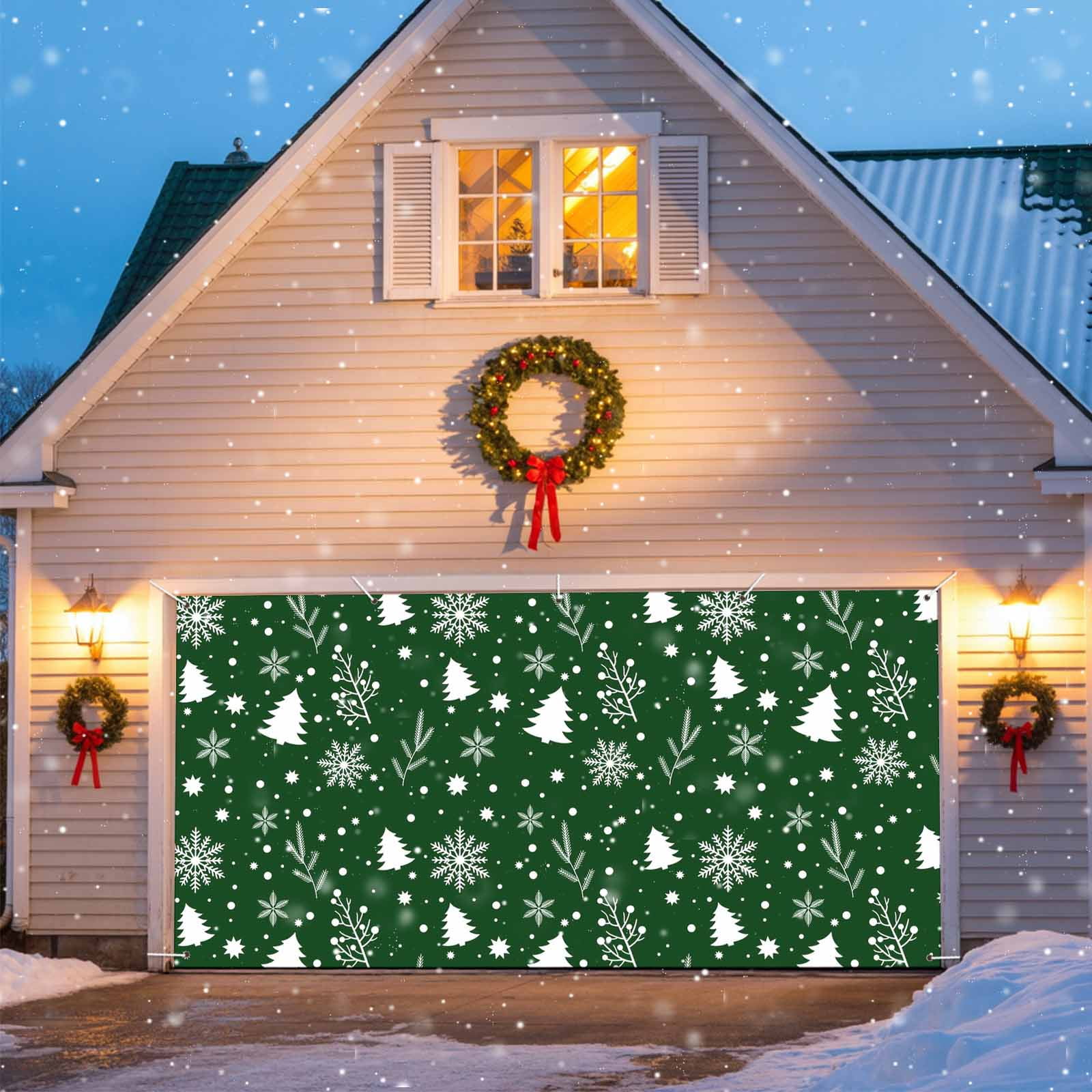 Christmas Snowflakes Garage Door Banner Covers, Trees Leaves Green ...
