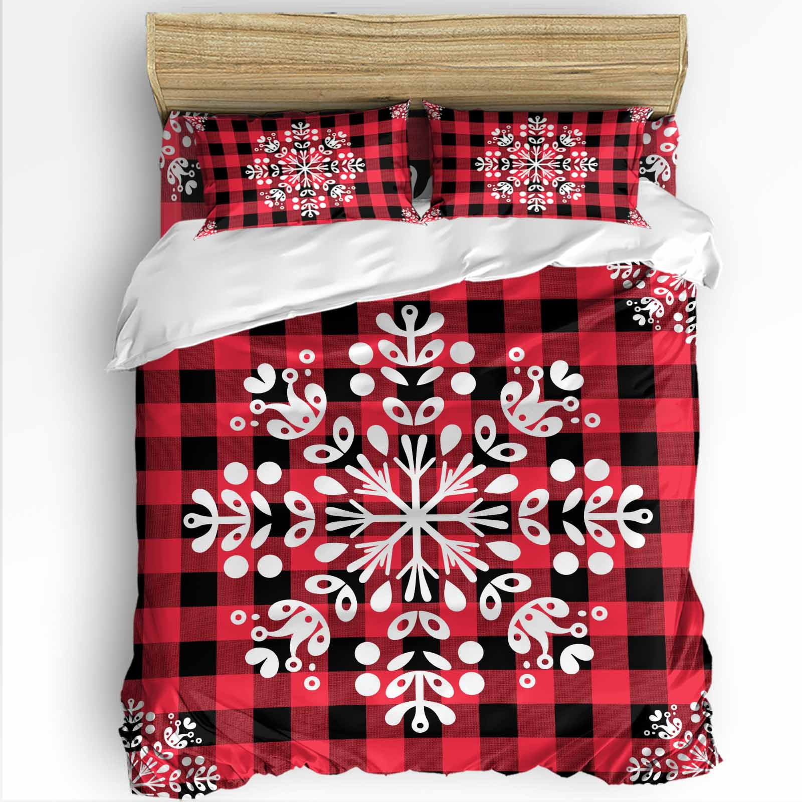 Christmas Snowflakes King Size Comforter Set, Winter Snow Red Black Buffalo Plaid Soft Bedding ...