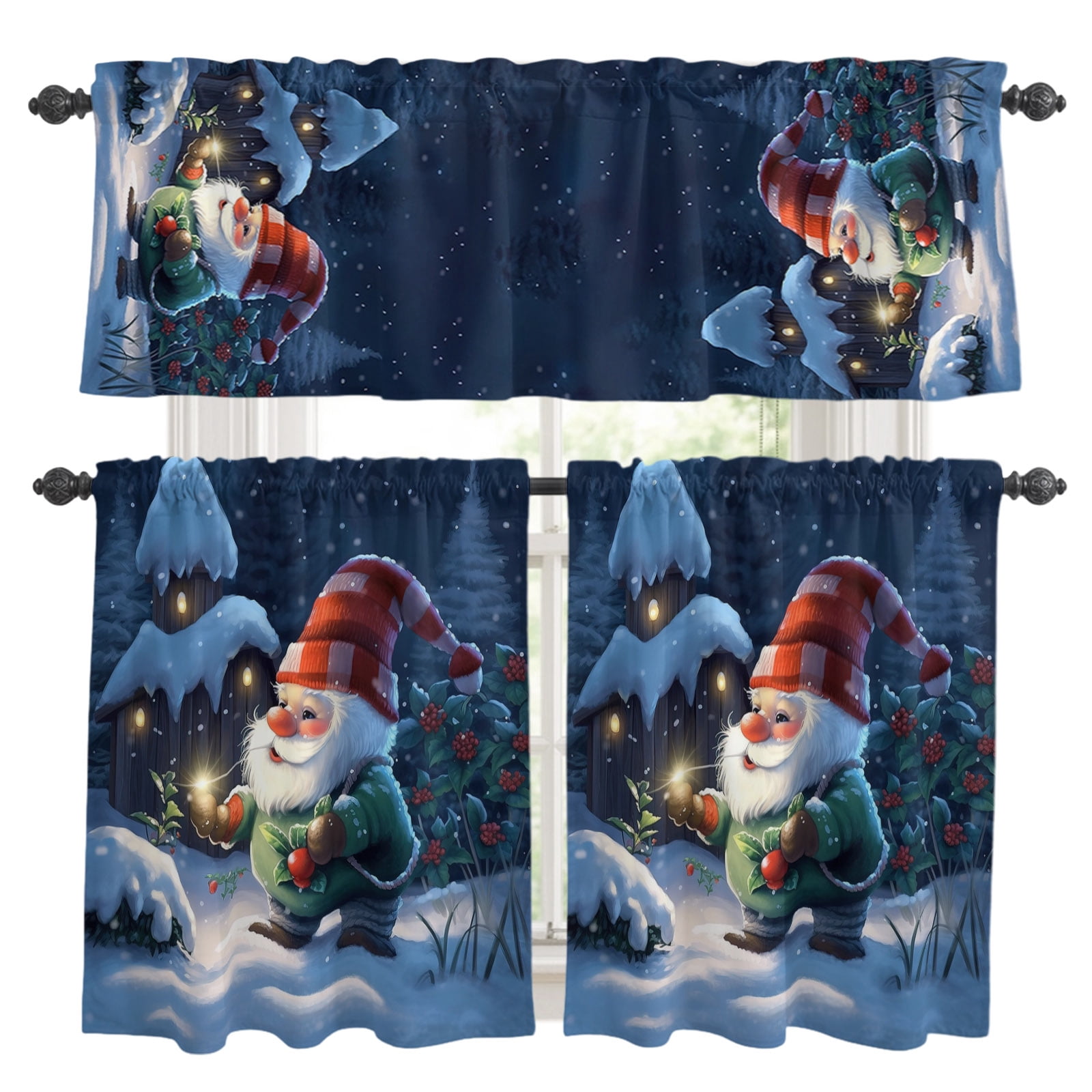 Christmas Snowflakes Kitchen Curtains Valance and Tier Set Cute Gnome ...