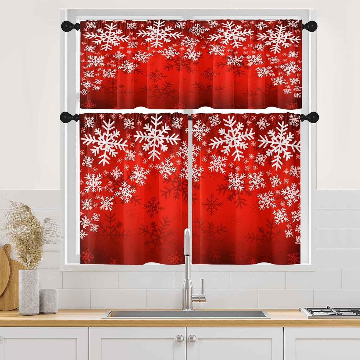 Christmas Snowflakes Kitchen Curtains Window Curtains and Valances Set ...