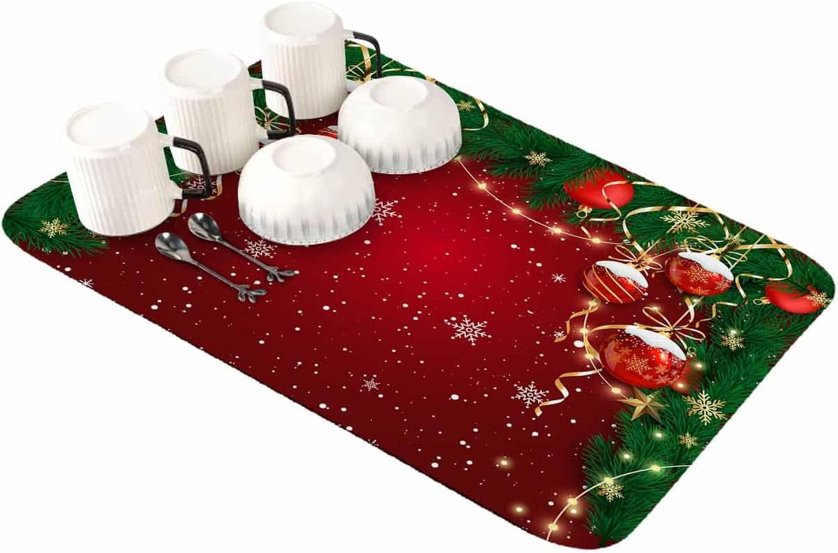 Christmas Snowflakes Red Dish Drying Mat for Kitchen Counter, Absorbent ...