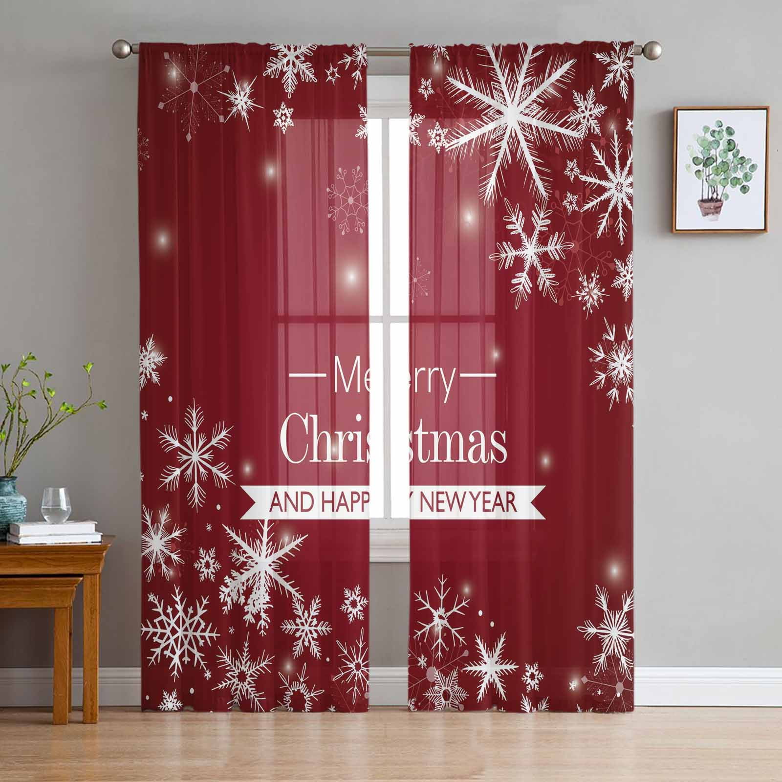 Christmas Snowflakes Red Sheer Curtains 63 Inch Length 2 Panels Set ...