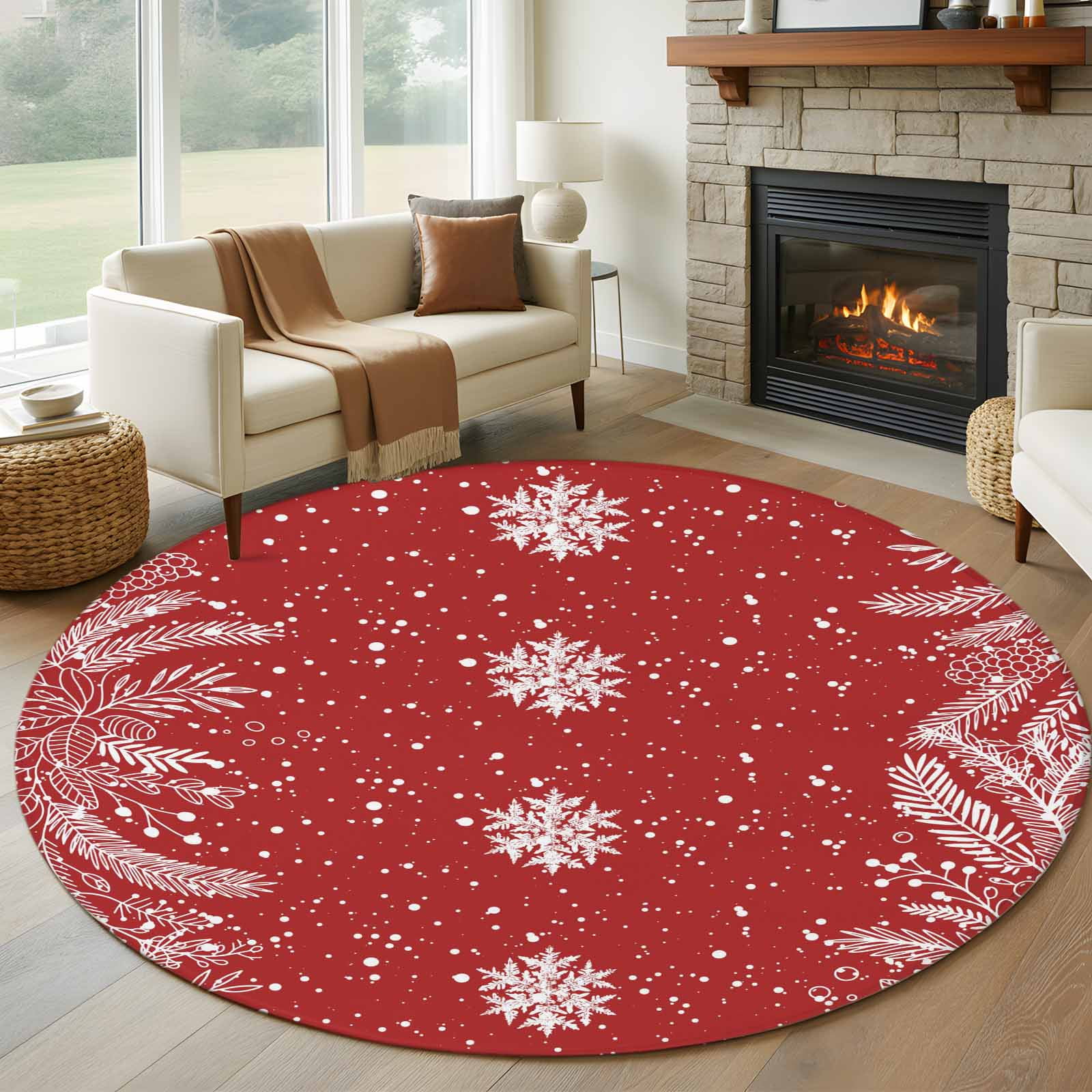 Christmas Snowflakes Round Rug 5ft Washable Circle Kitchen Rugs Non ...