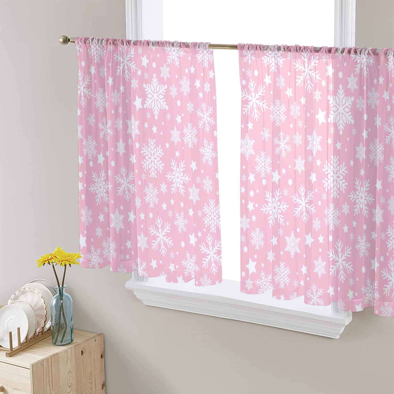 Christmas Snowflakes Sheer Curtains 45 Inch Length 2 Panels Set, Semi ...