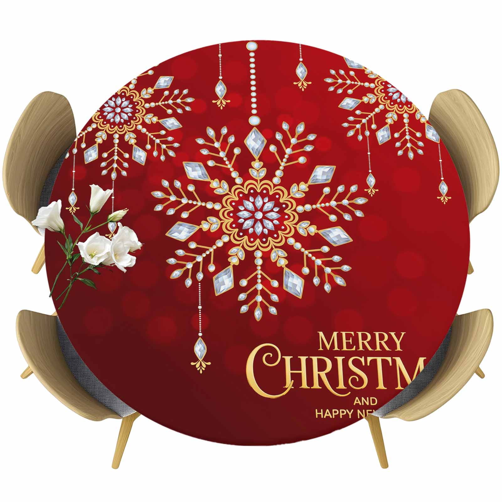 Christmas Snowflakes Table Cloth, Round Fitted Tablecloths with Elastic ...