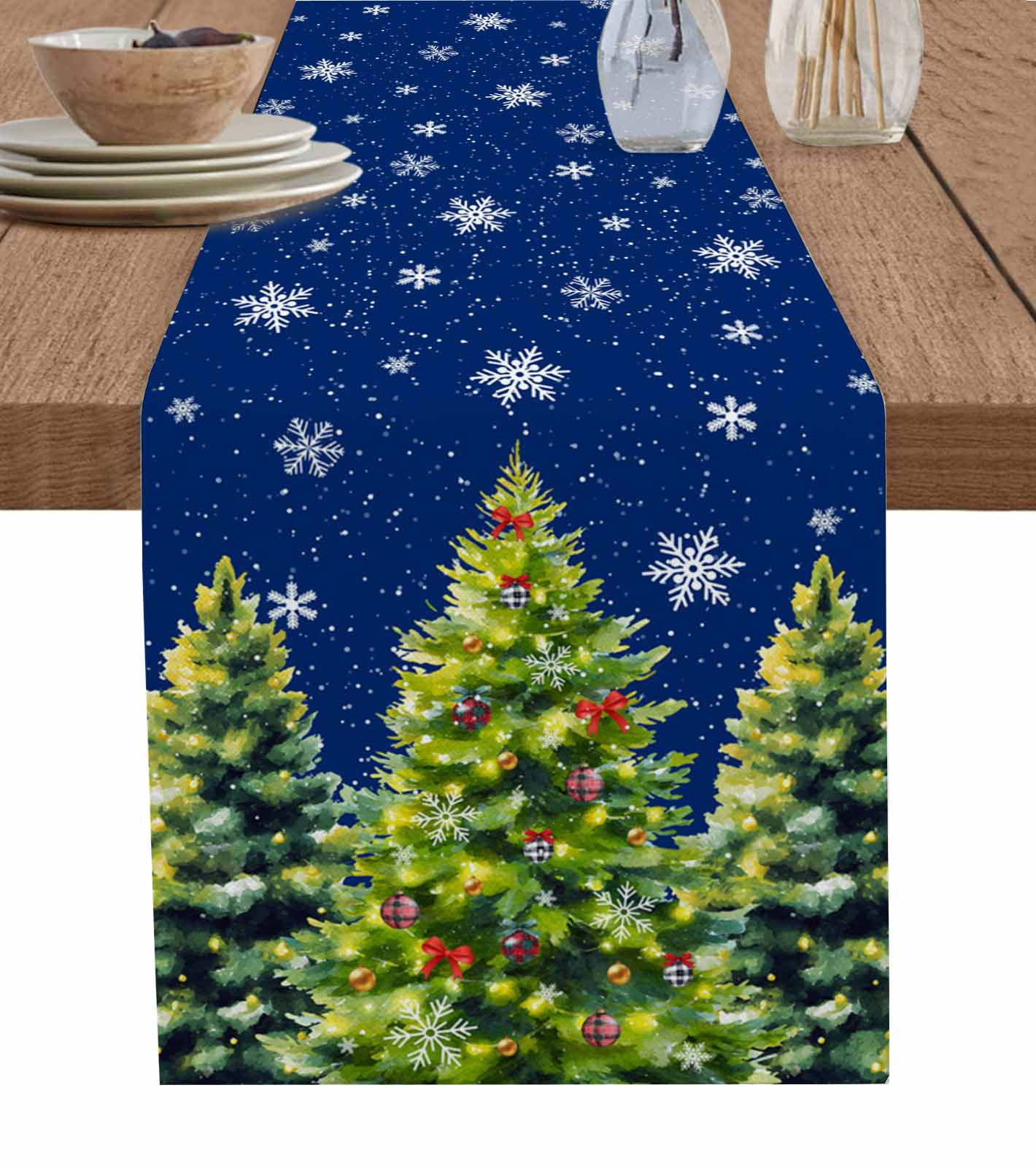 Christmas Snowflakes Table Runner 60 Inches, Xmas Winter Green Pine ...