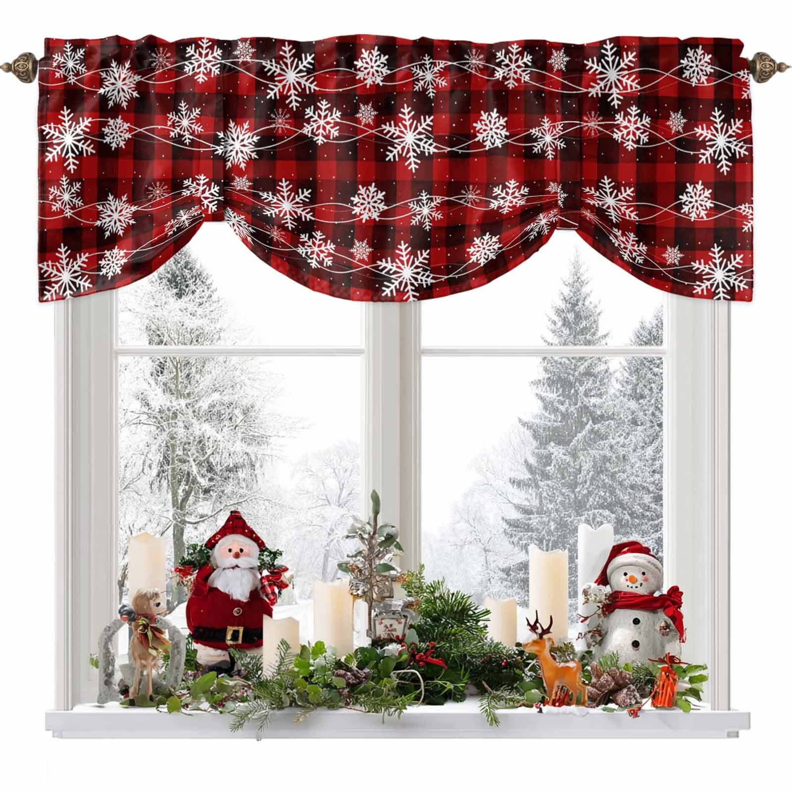 Christmas Snowflakes Tie Up Valances Curtain, Winter Blue Waves Retro ...