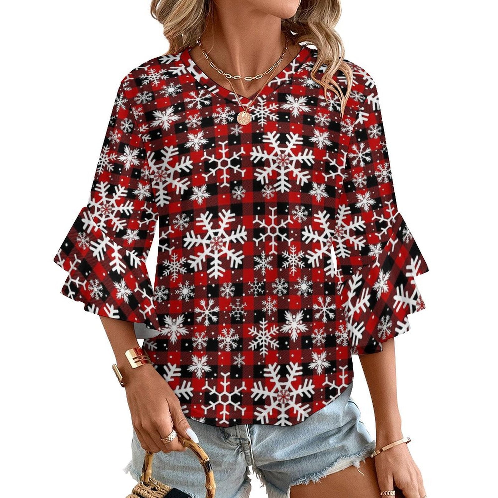 Christmas Snowflakes With Red And Black Buffalo Plaid Pattern Women's V ...