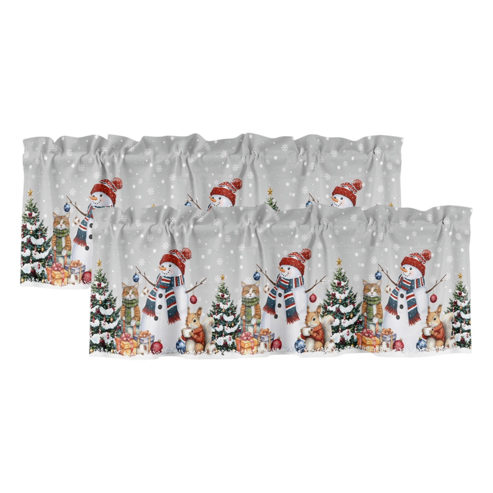 Christmas Snowman 2 Panels Kitchen Valance, Snowflake Squirrel Cat Xmas ...