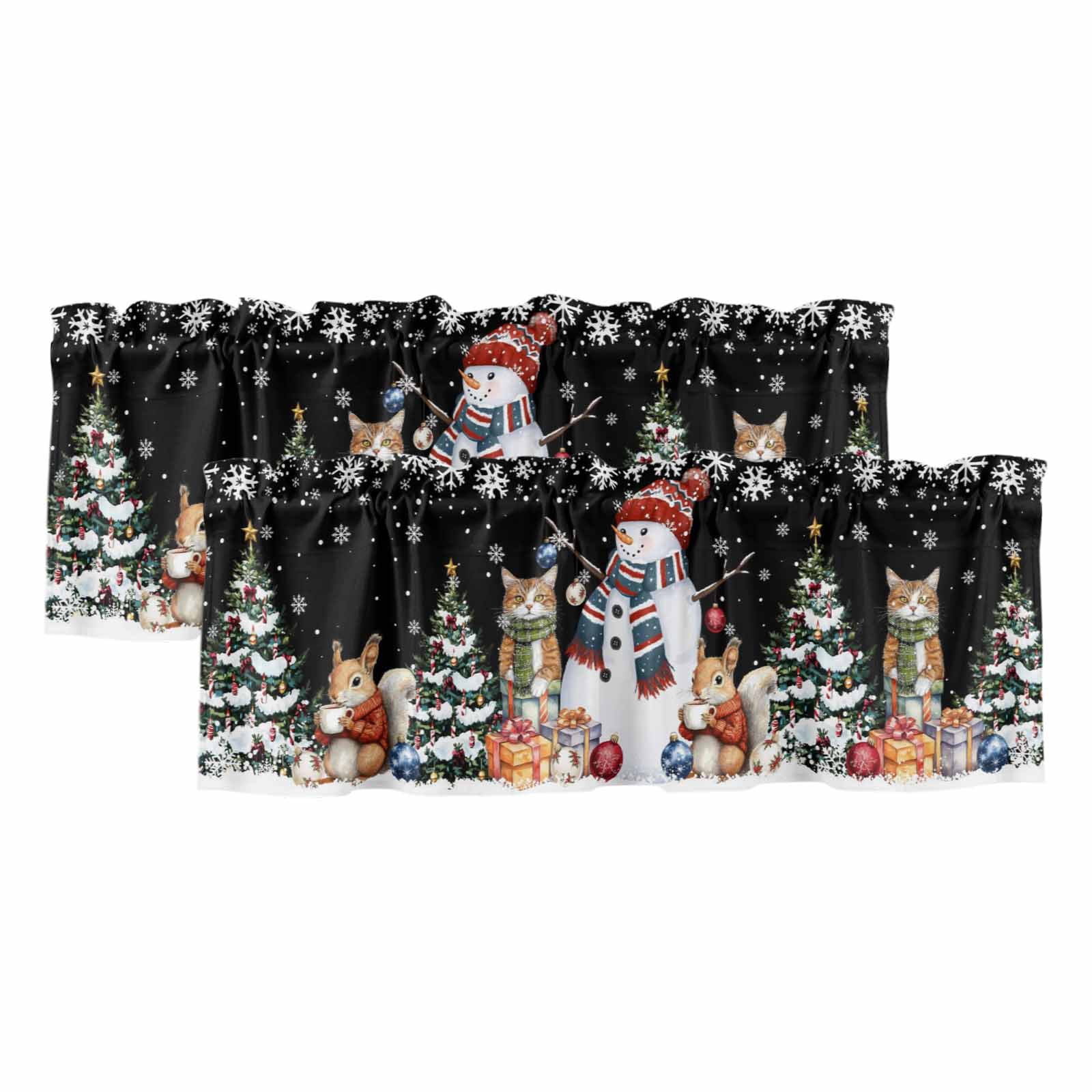 Christmas Snowman 2 Panels Kitchen Valance, Squirrel Cat Winter Tree ...