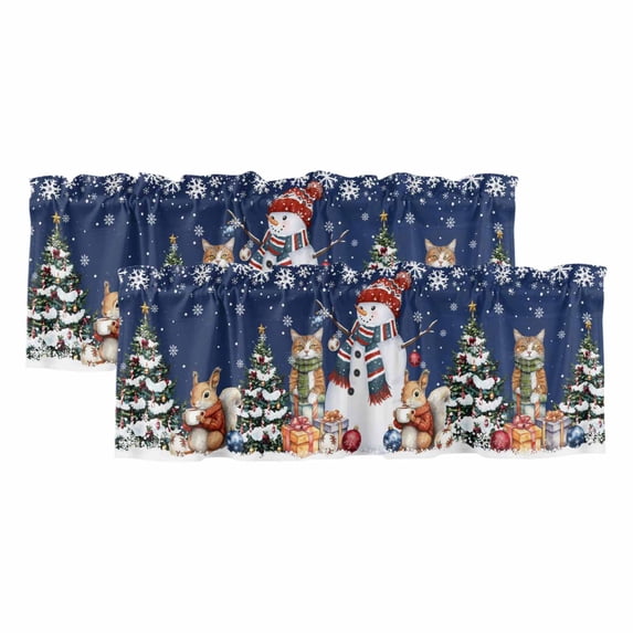 Christmas Snowman 2 Panels Kitchen Valance, Squirrel Cat Winter Tree ...