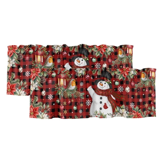 Christmas Snowman 2 Panels Kitchen Valance, Xmas Poinsettia Birds Balls ...