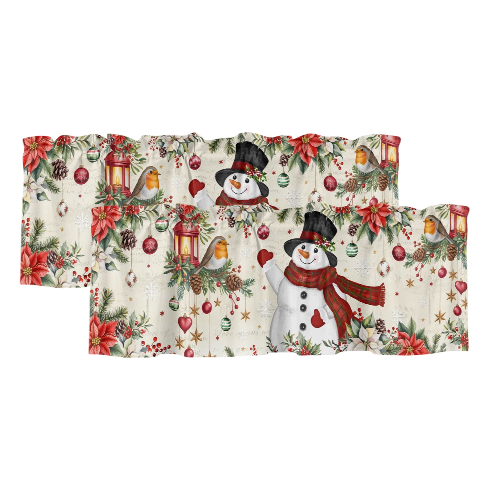 Christmas Snowman 2 Panels Kitchen Valance, Xmas Poinsettia Birds Balls ...