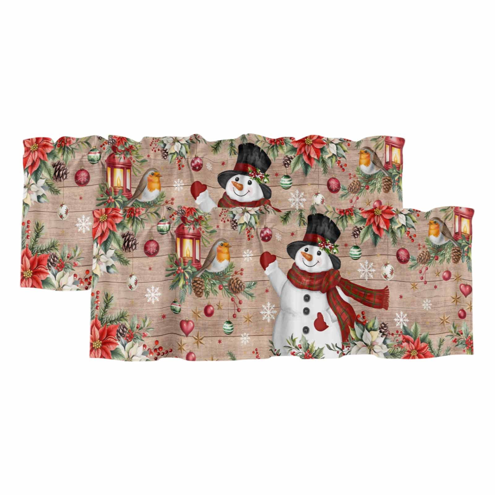 Christmas Snowman 2 Panels Kitchen Valance, Xmas Poinsettia Birds Balls ...