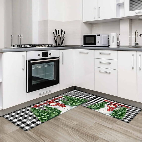 Christmas Snowman 2 Pieces Non-Slip Kitchen Mat Set Xmas Tree Black ...
