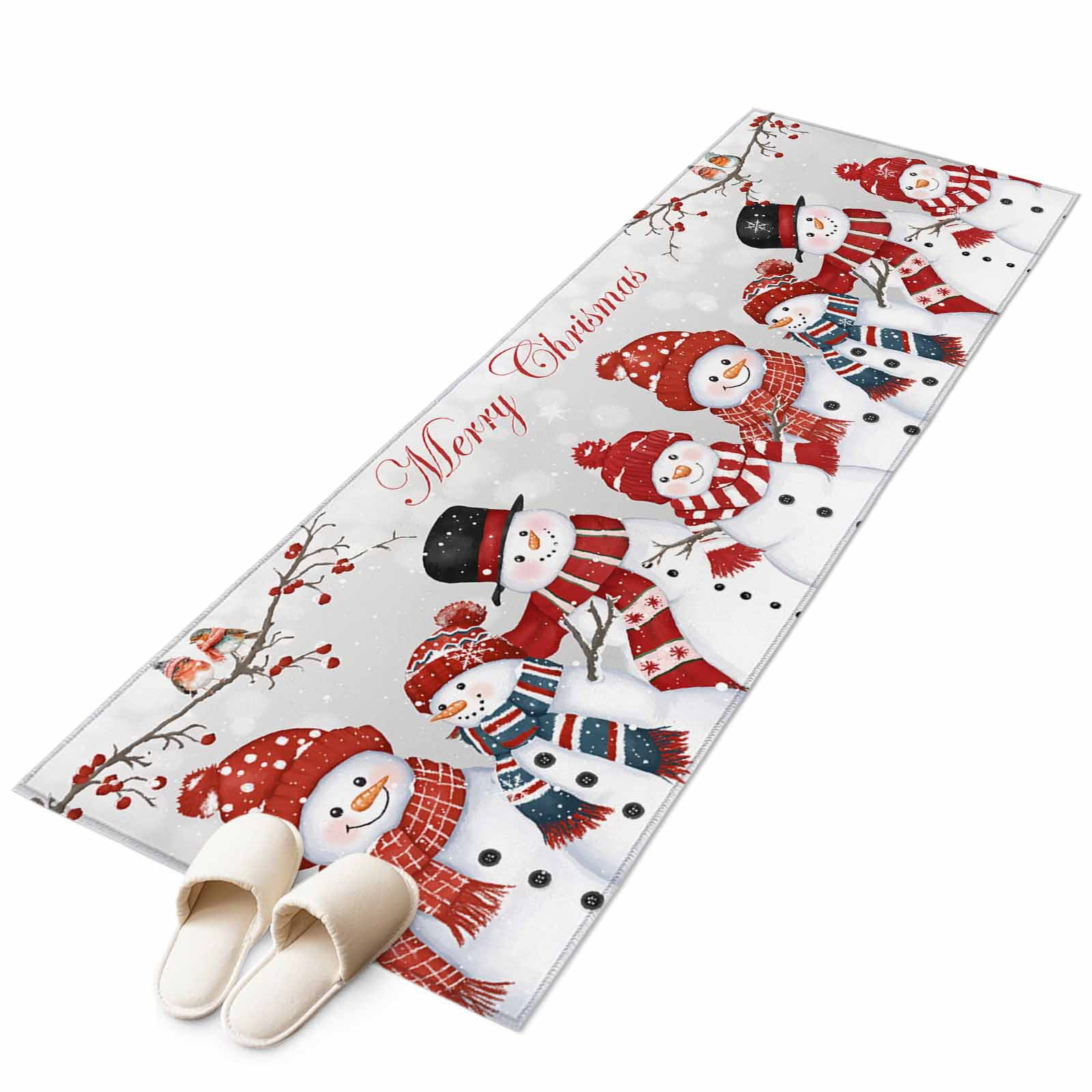 Christmas Snowman 2'x6' Runner Rug, Xmas Berry Snowflake Birds Washable ...