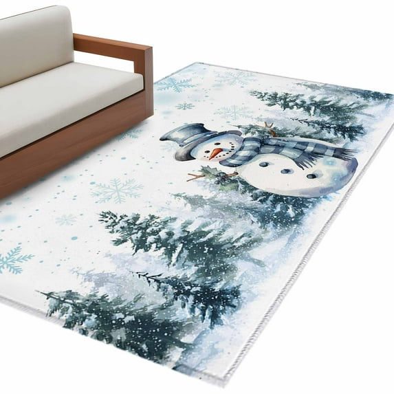 Christmas Snowman 3'x5' Washable Rug, Blue Snowflake Xmas Tree Non-Slip ...