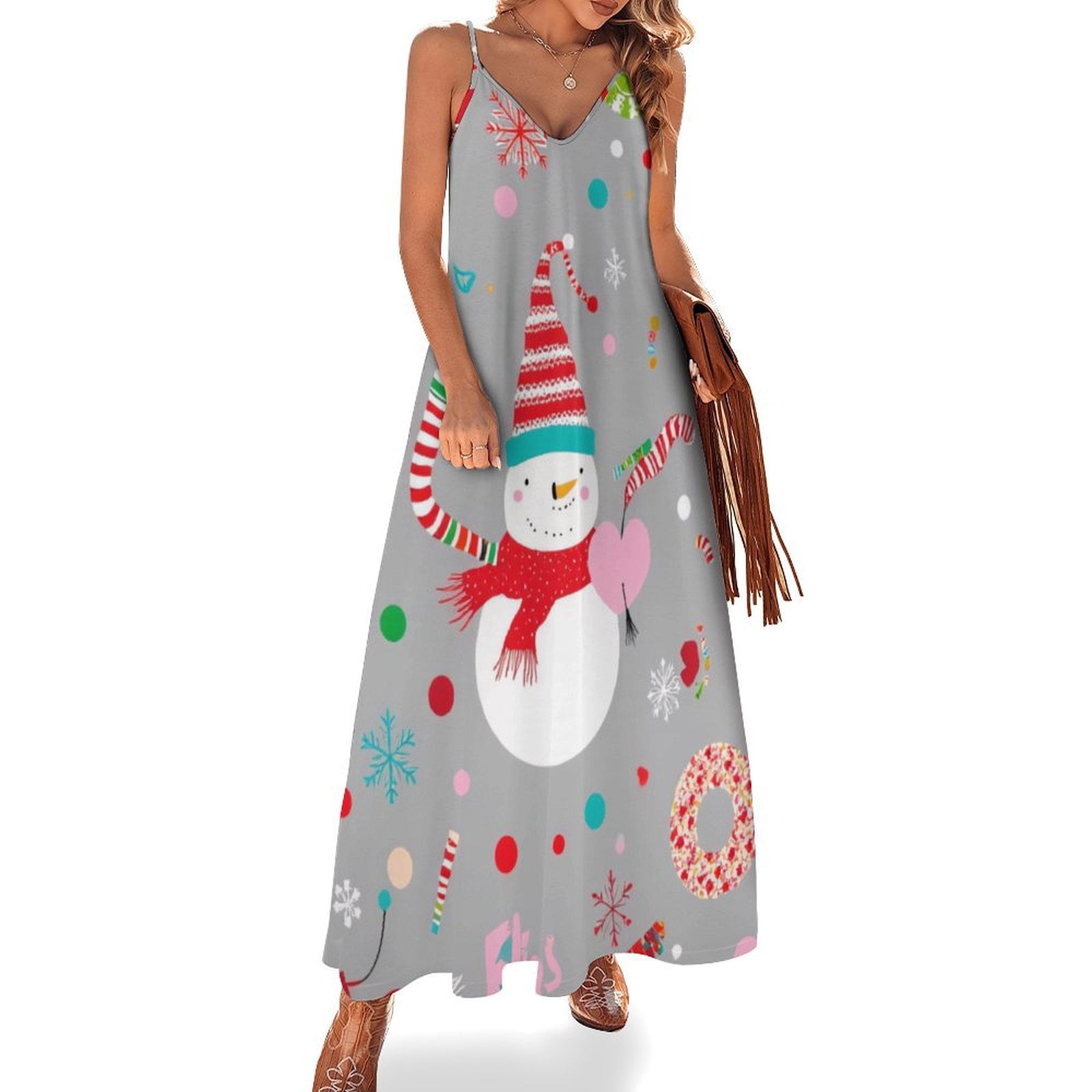 Christmas Snowman And Elves Pattern Fine Art Sleeveless Dress Summer ...