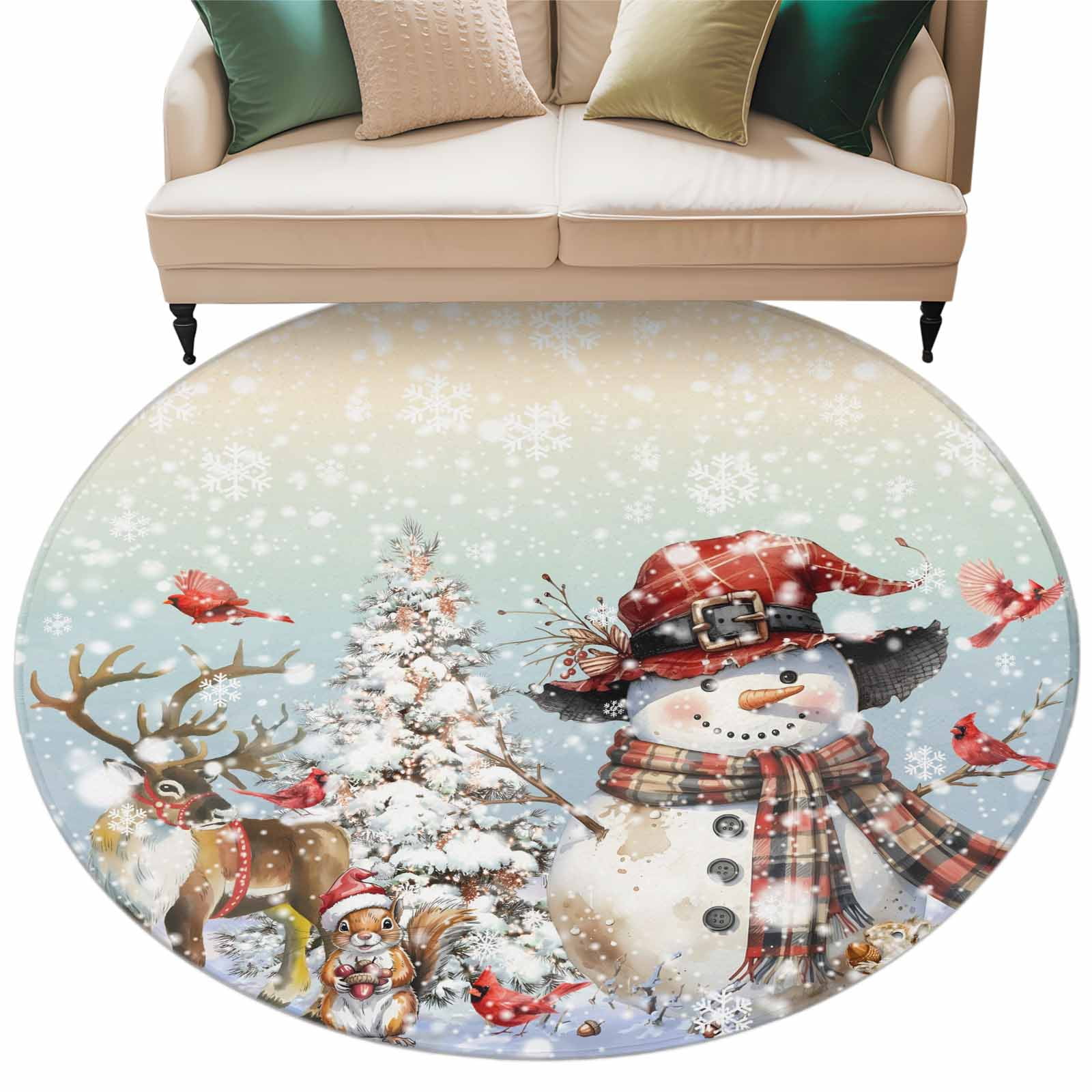 Christmas Snowman Area Rug, Rainbow Xmas Tree Elk Winter Bird Washable ...