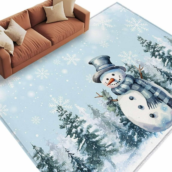 Christmas Snowman Area Rug 5x7ft Winter Tree Snowflakes Blue White Non ...