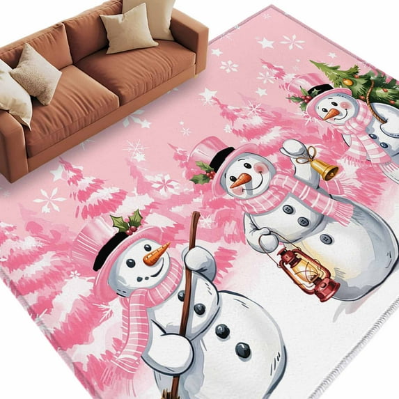Christmas Snowman Area Rug 5x8ft Winter Pine Snowflakes Pink Retro Art ...