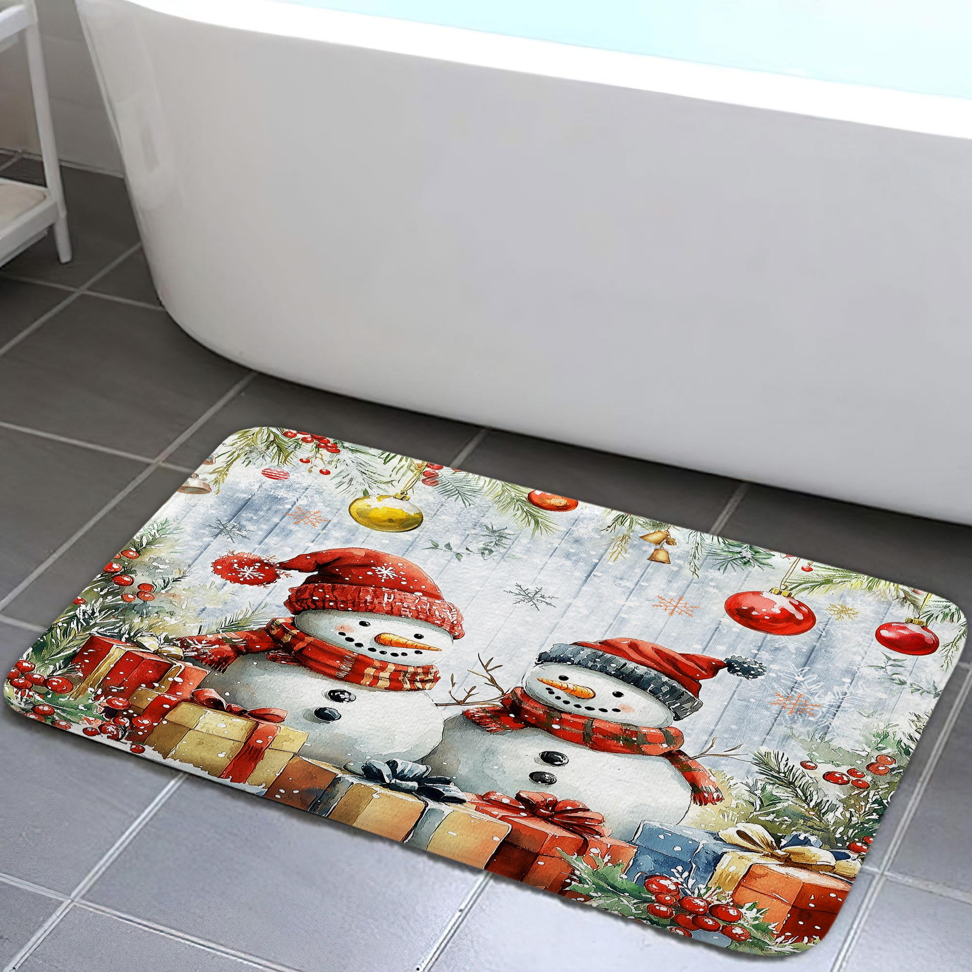 Christmas Snowman Bath Mat, Retro Wood Xmas Snowman Ball Berry ...