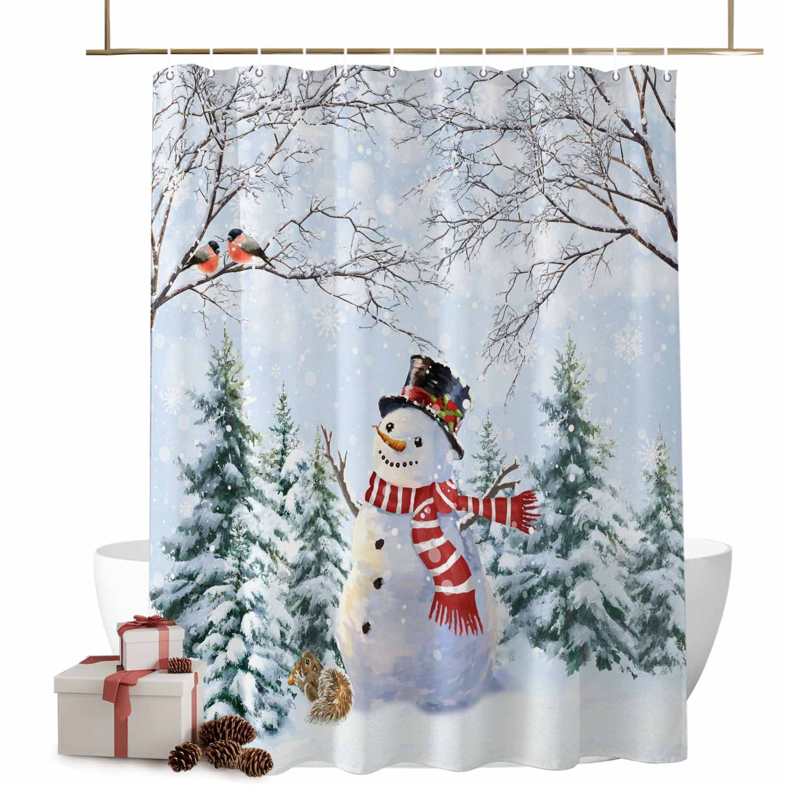 Christmas Snowman Bathroom Shower Curtain Pine Treea Branches Xmas ...