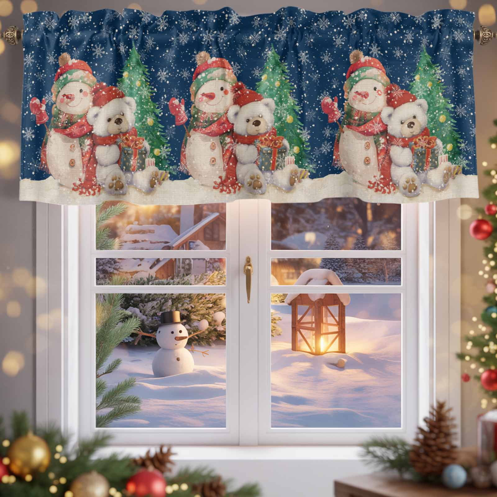 Christmas Snowman Bear Snowflake Dark Blue Valances for Windows,Kitchen ...