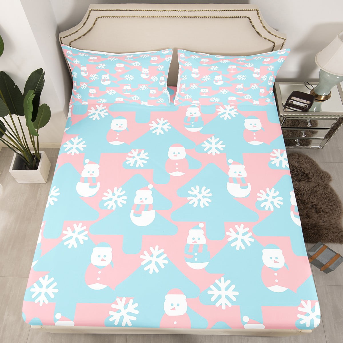Christmas Snowman Bed Sheets Winter Snowflake Bedding Youth, Pink Blue ...