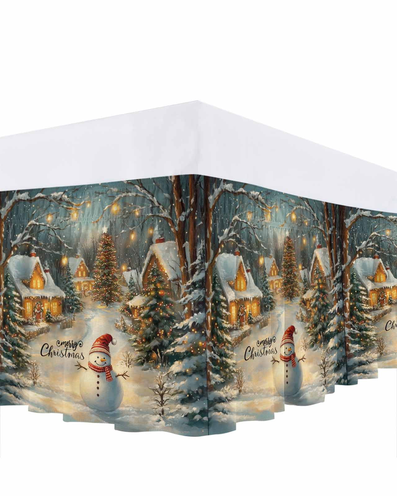 Christmas Snowman Bed Skirt Queen Size 18 Inch Drop, Xmas Tree Rustic ...