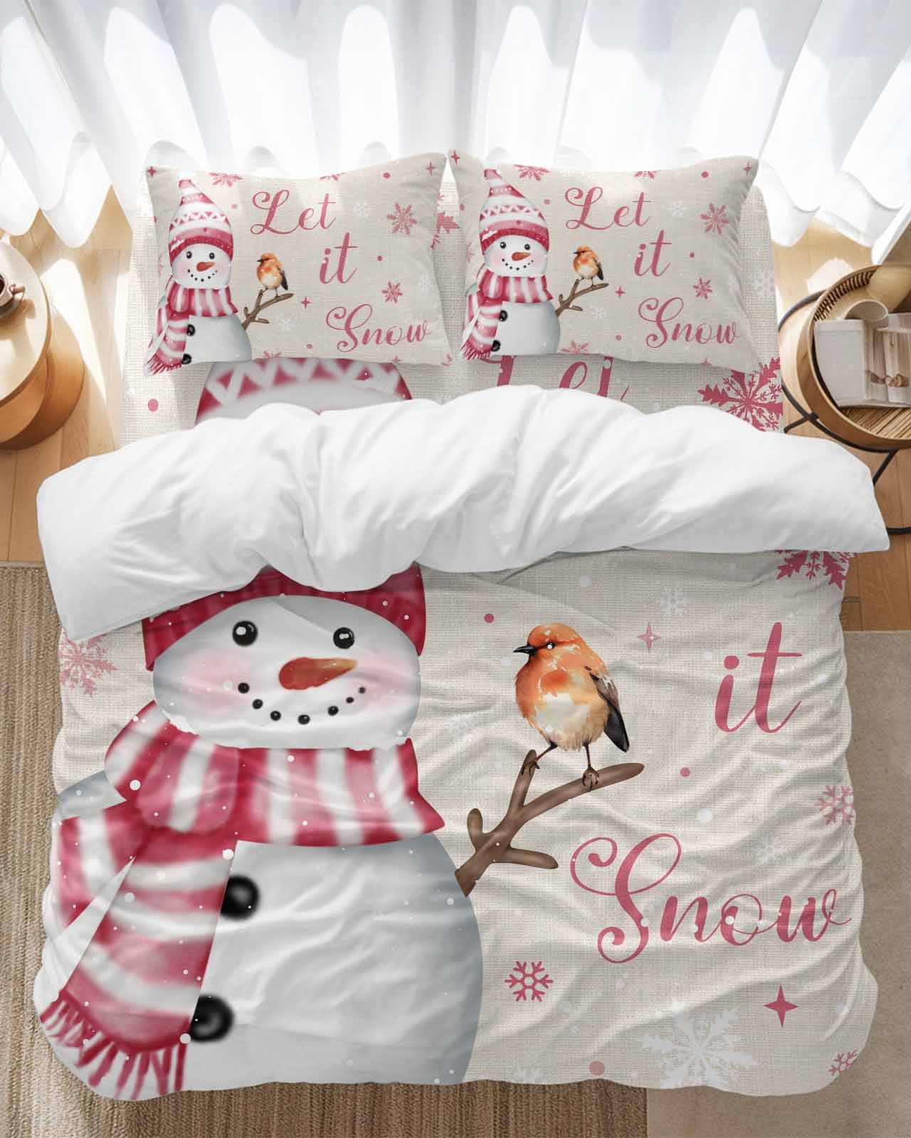 Christmas Snowman Bedding Duvet Cover Set King Size 4 Pieces Bird ...