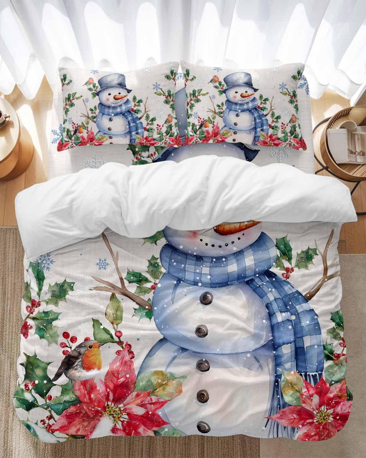 Christmas Snowman Bedding Duvet Cover Set King Size 4 Pieces Blue ...
