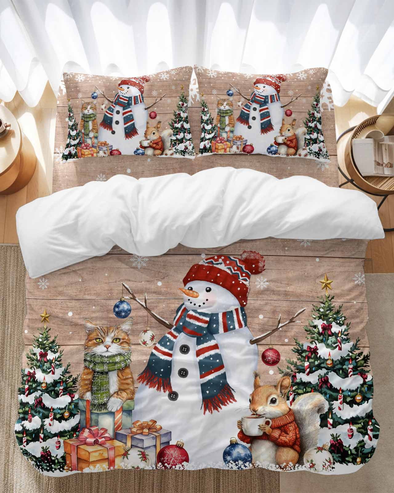 Christmas Snowman Bedding Duvet Cover Set Queen Size 4 Pieces Squirrel ...