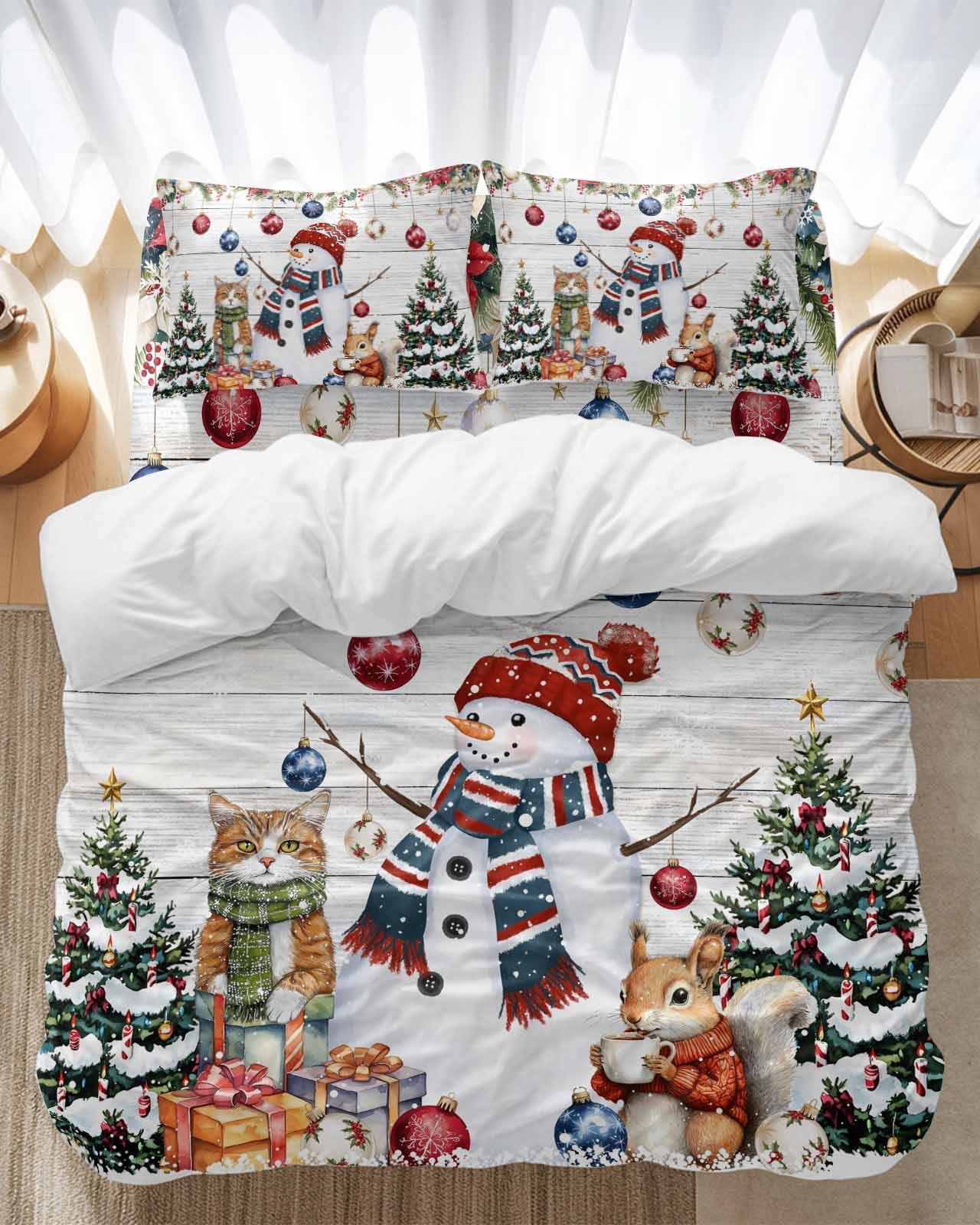 Christmas Snowman Bedding Duvet Cover Set Queen Size 4 Pieces Squirrel ...
