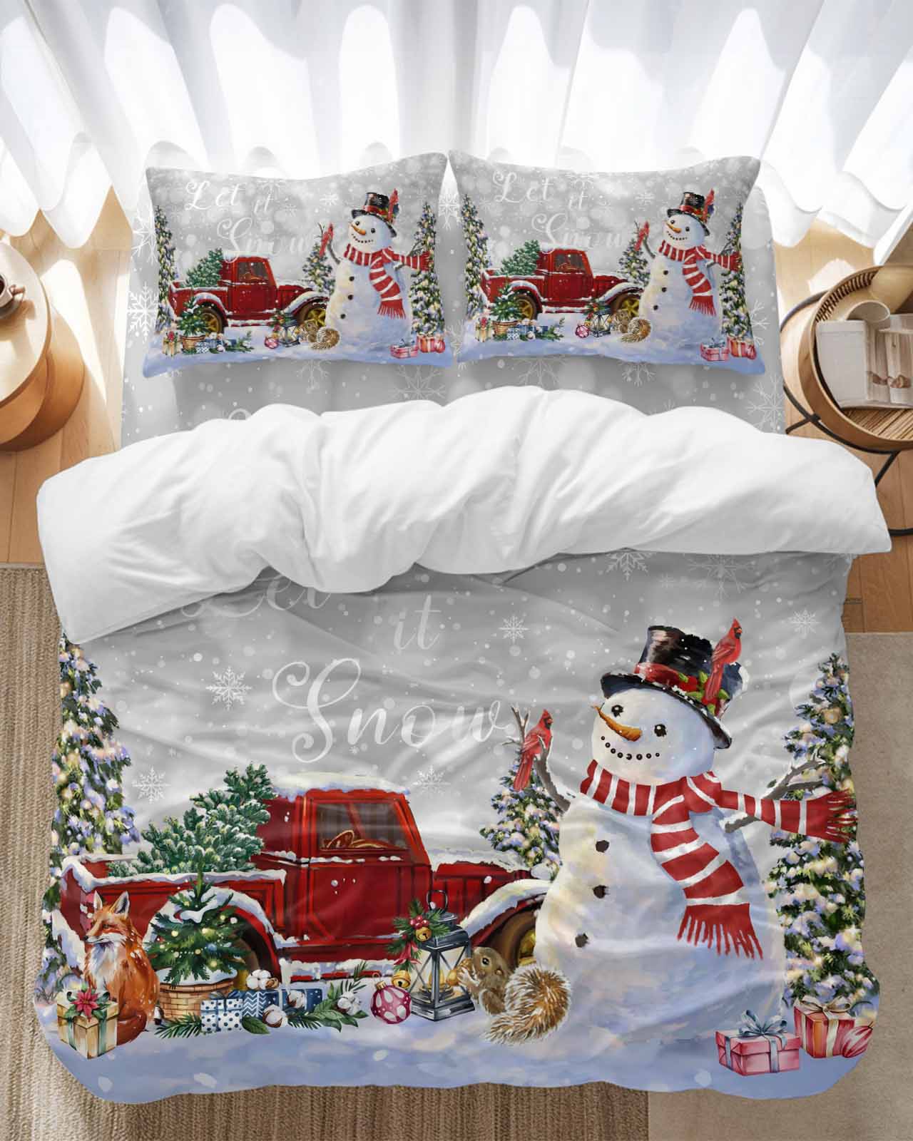 Christmas Snowman Bedding Duvet Cover Set Twin Size 4 Pieces Xmas Tree ...