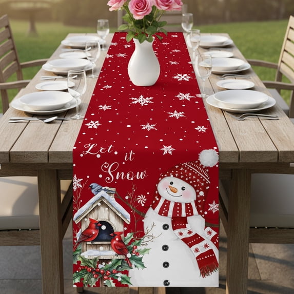 Christmas Snowman Bird Table Runner 13x36in Non-Slip Cotton Linen Table ...