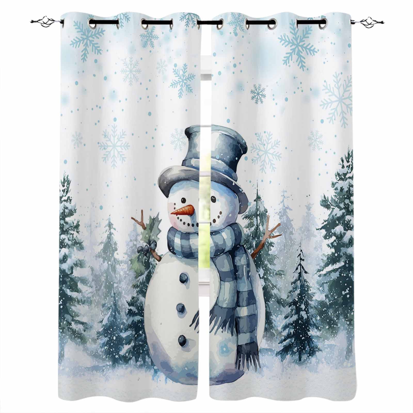 Christmas Snowman Blackout Curtains 63 Inches Long, Blue Snowflake Xmas ...