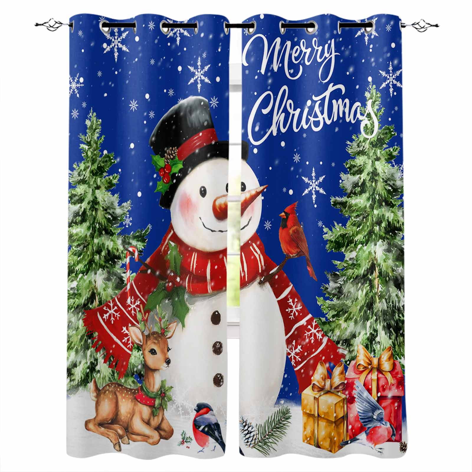 Christmas Snowman Blackout Curtains 84 Inches Long, Blue Xmas Tree Elk ...