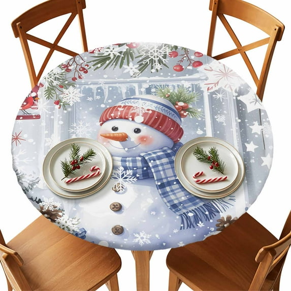 Christmas Snowman Blue Grid Scarf Fitted Round Tablecloths Table Covers ...