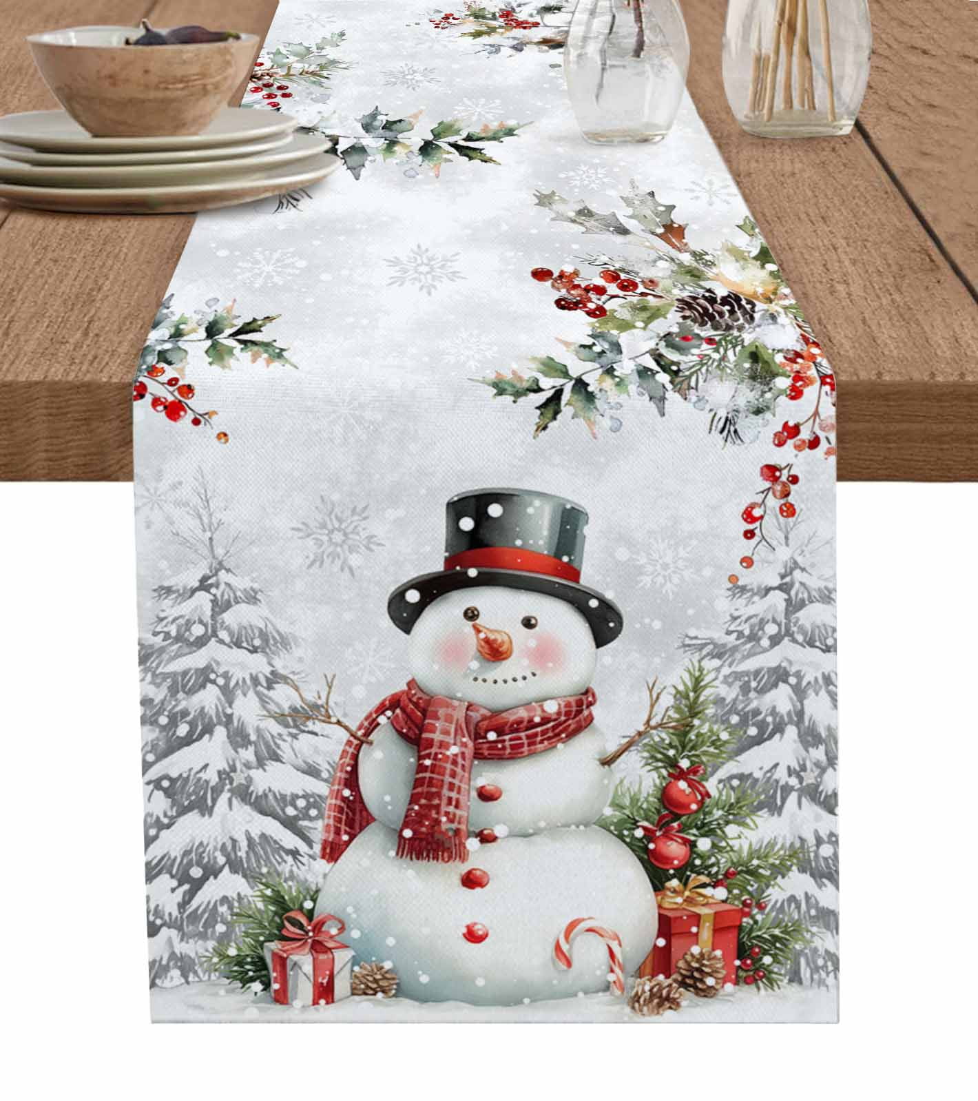 Christmas Snowman Burlap-Cotton Table Runner 108 Inches Long,Xmas ...