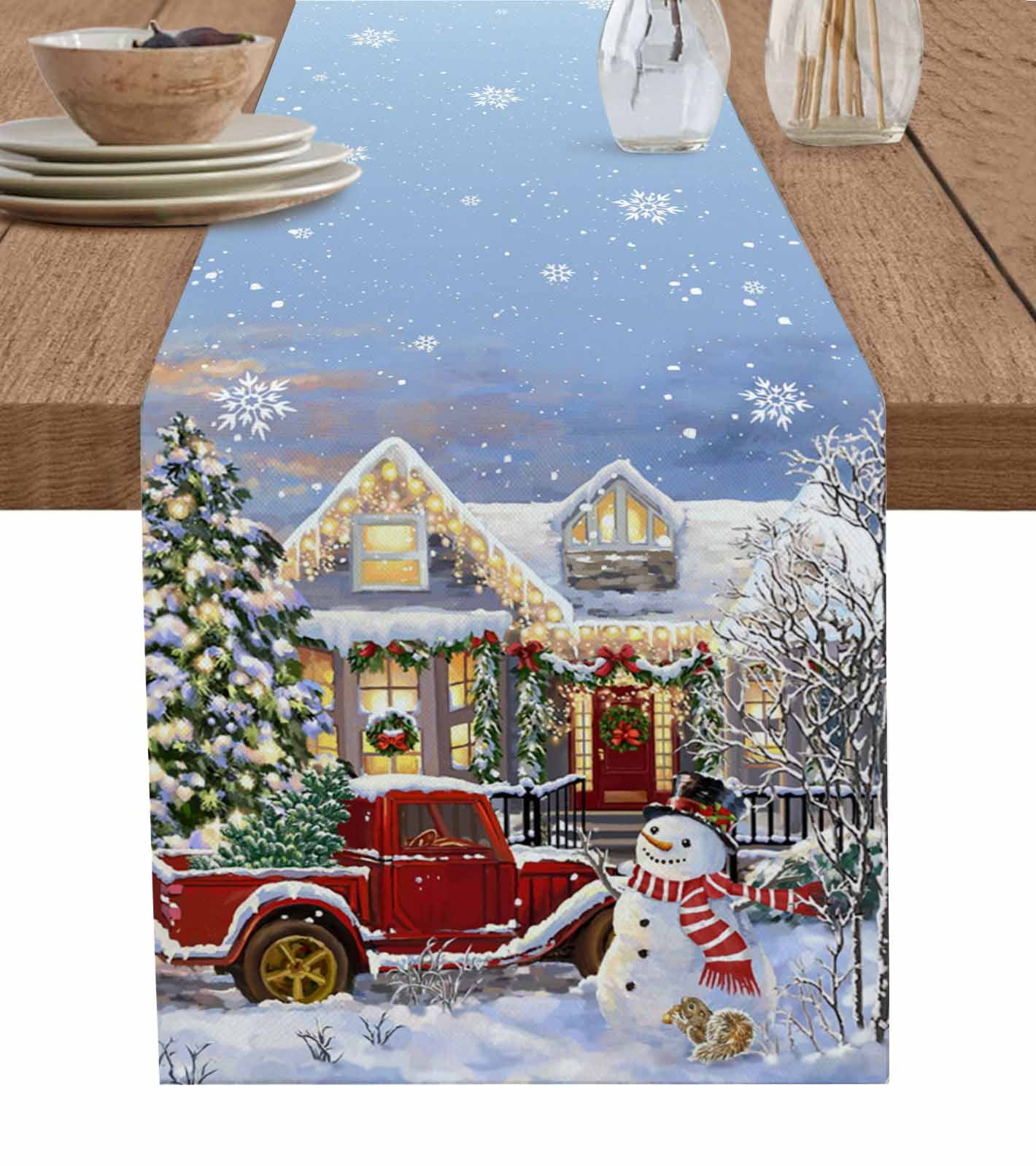 Christmas Snowman Burlap Cotton Table Runner 13x90 Inches Long, Xmas ...